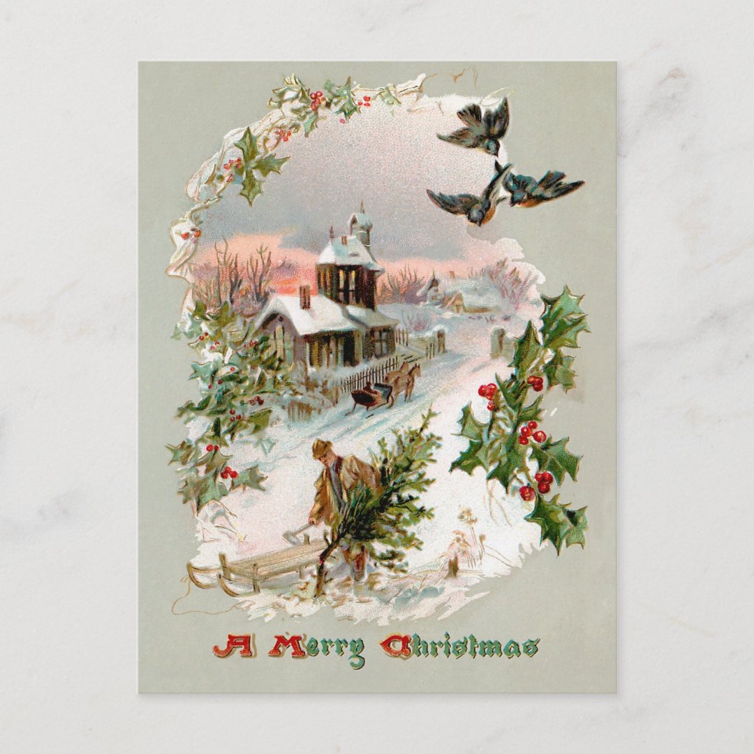 Rustic Vintage Winter Scene with Holly Postcard | Zazzle
