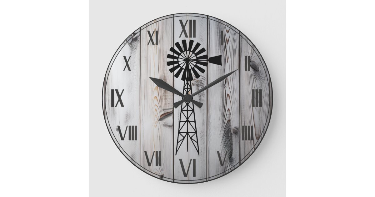 Rustic Vintage Wooden White Farmhouse and windmill Large Clock | Zazzle