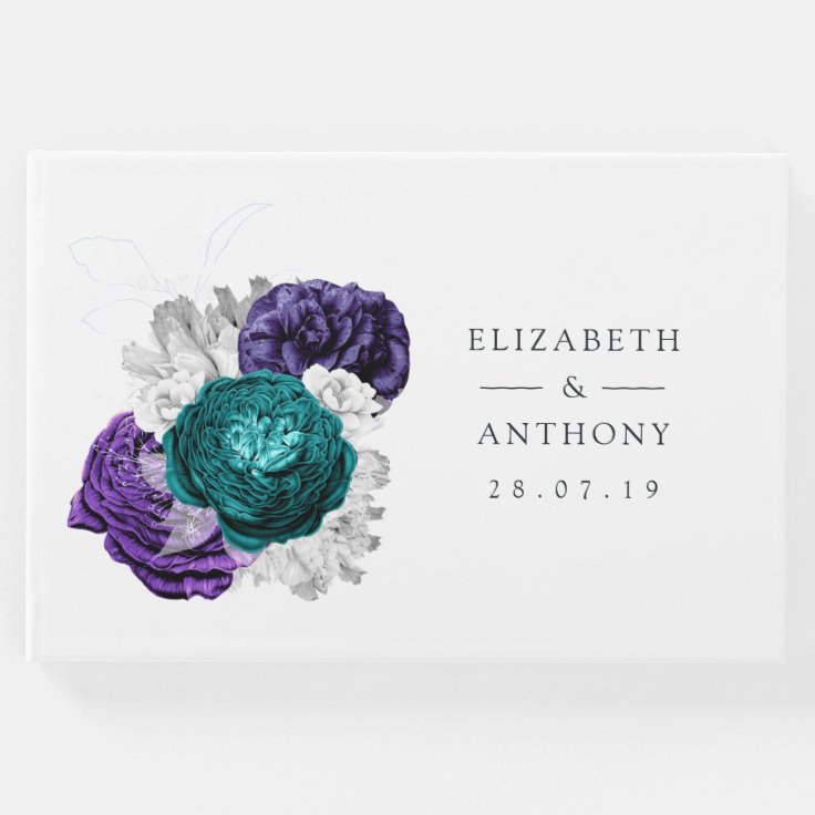 Rustic Violet and Turquoise Floral Wedding Guest Book | Zazzle
