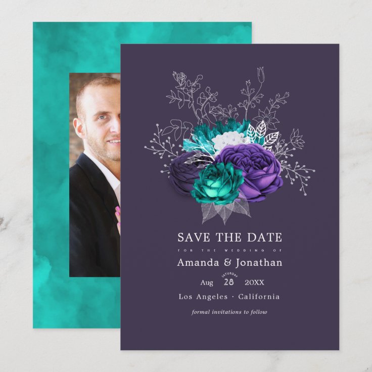 Rustic Violet and Turquoise Floral Wedding Photo Save The Date | Zazzle