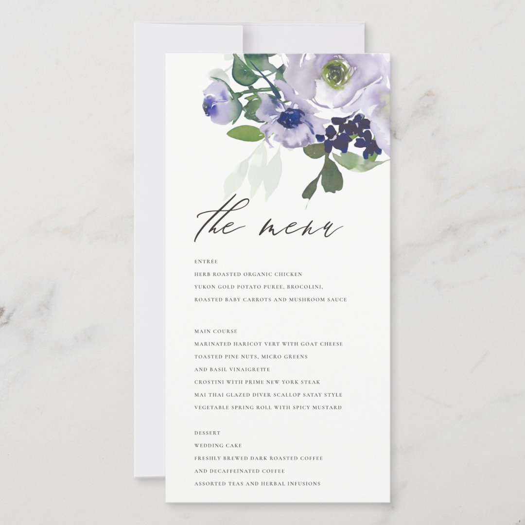 Rustic Violet Purple Floral Leafy Menu Card | Zazzle