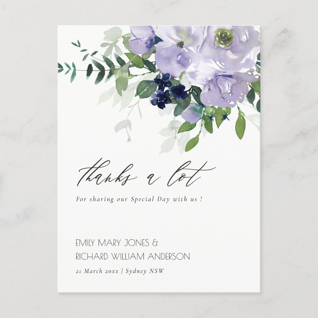 Rustic Violet Purple Floral Leafy Wedding Thanks Postcard | Zazzle