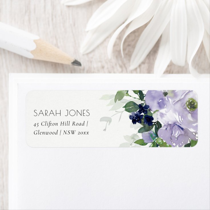 Rustic Violet Purple Navy Floral Leafy Address Label | Zazzle