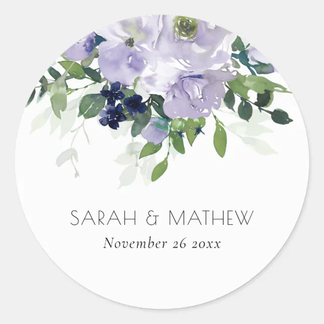 Rustic Violet Purple Navy Floral Leafy Wedding Classic Round Sticker ...