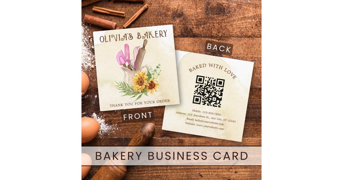 Rustic Watercolor Bakery Thank You Order Qr Code Square Business Card ...