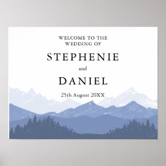 Rustic Watercolor Blue Mountain Wedding Welcome Poster | Zazzle