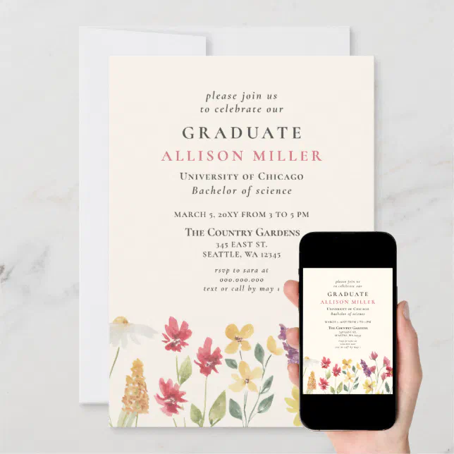 Rustic Watercolor Boho Wildflowers Graduation Invitation | Zazzle