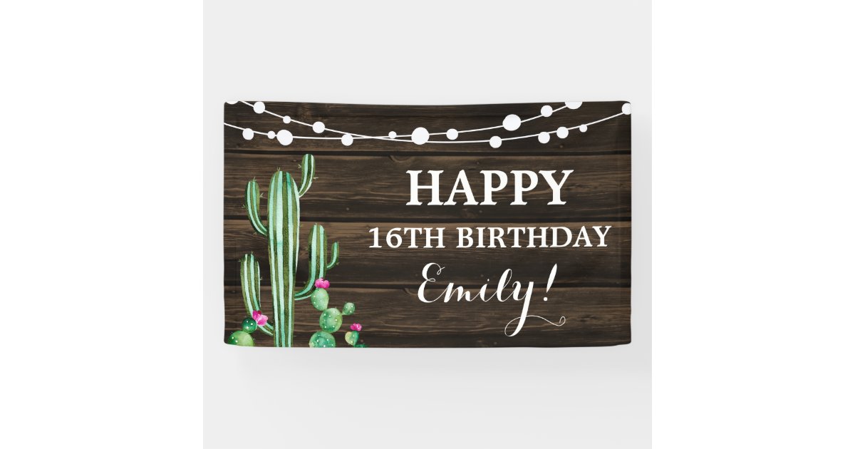 Rustic Watercolor Cactus Barn Wood Birthday Banner | Zazzle
