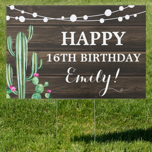 Rustic Watercolor Cactus Barn Wood Birthday Yard Sign | Zazzle