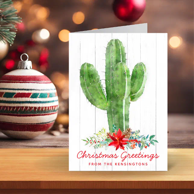 Rustic Watercolor Cactus Christmas Holiday Photo Card | Zazzle