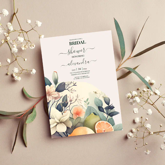 Rustic Watercolor Citrus Bridal Invitation | Zazzle