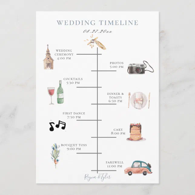 Rustic Watercolor Dusty Blue Wedding Timeline Program | Zazzle