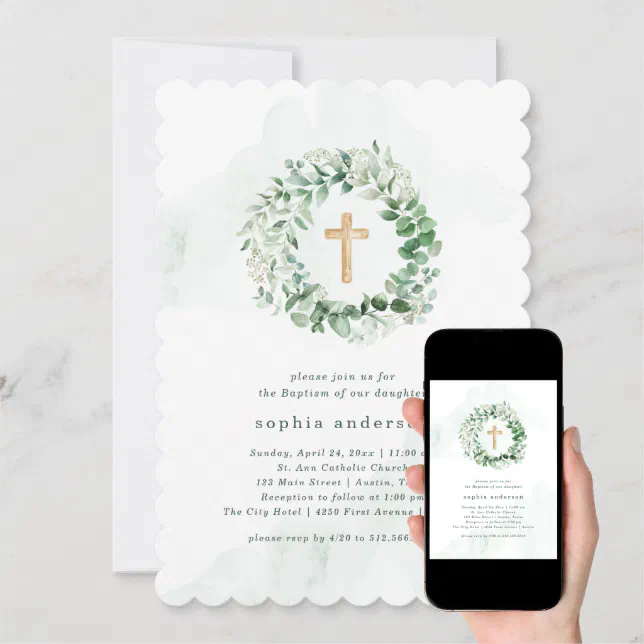 Rustic Watercolor Eucalyptus with Green | Baptism Invitation | Zazzle