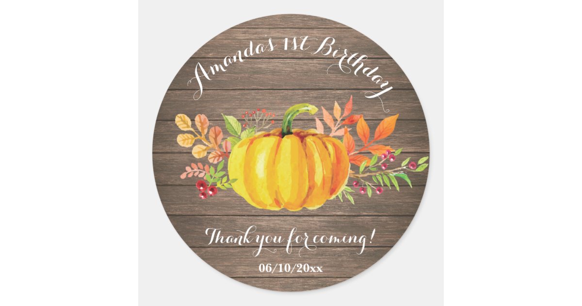 Rustic Watercolor Fall Pumpkin Birthday Thank You Classic Round Sticker ...