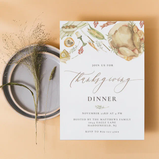 Rustic Watercolor Fall Turkey Thanksgiving Dinner Invitation | Zazzle