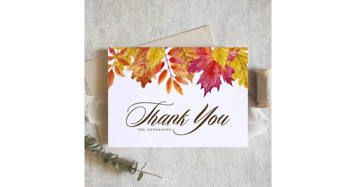 Rustic Watercolor Falling Leaves Fall Wedding Thank You Card | Zazzle