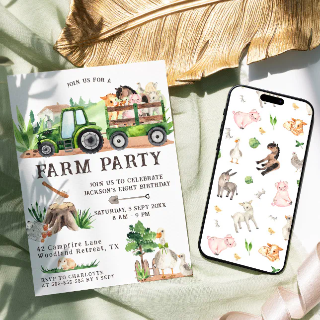 Rustic Watercolor Farm Animals Kids Birthday Invitation | Zazzle