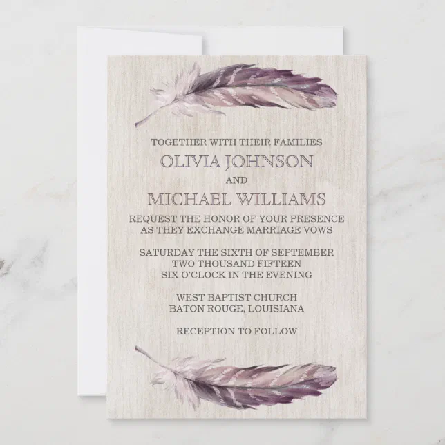 Rustic Watercolor Feathers Wedding Invitations | Zazzle