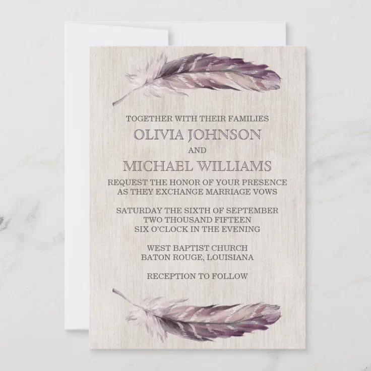 Rustic Watercolor Feathers Wedding Invitations | Zazzle