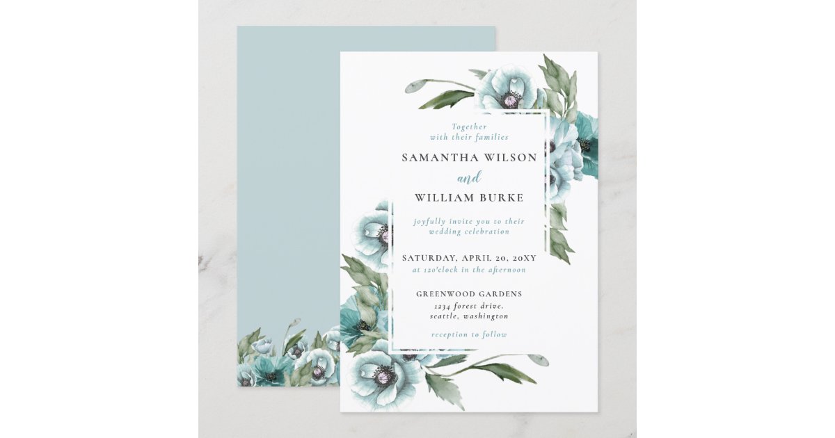 Rustic Watercolor Floral Dusty Blue Wedding Invitation | Zazzle