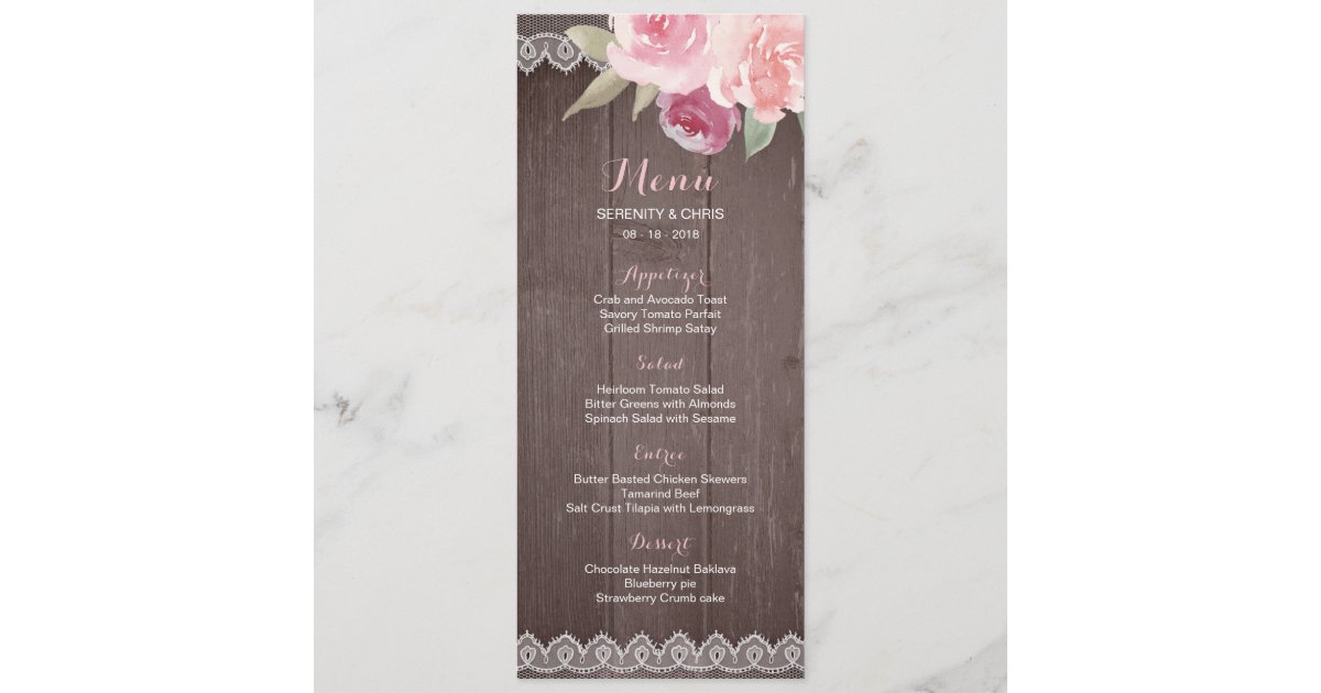 Rustic watercolor floral lace wedding menu | Zazzle