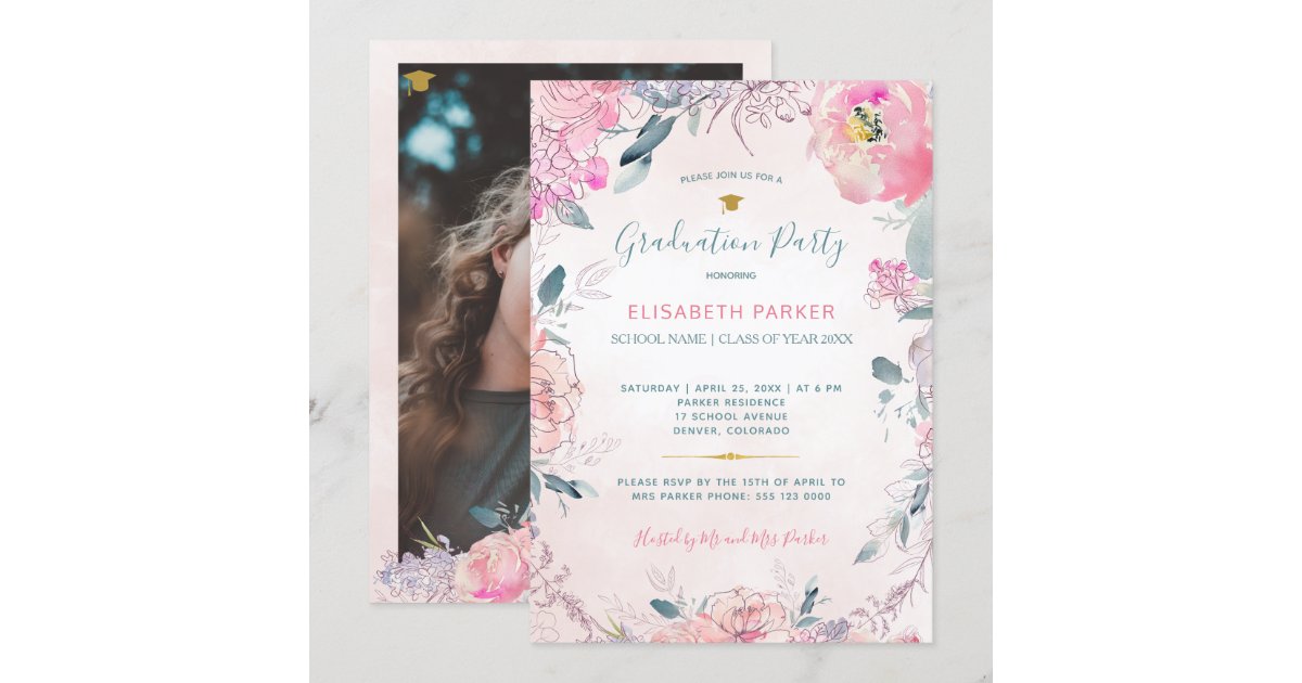 Rustic watercolor floral PHOTO graduation party Invitation | Zazzle