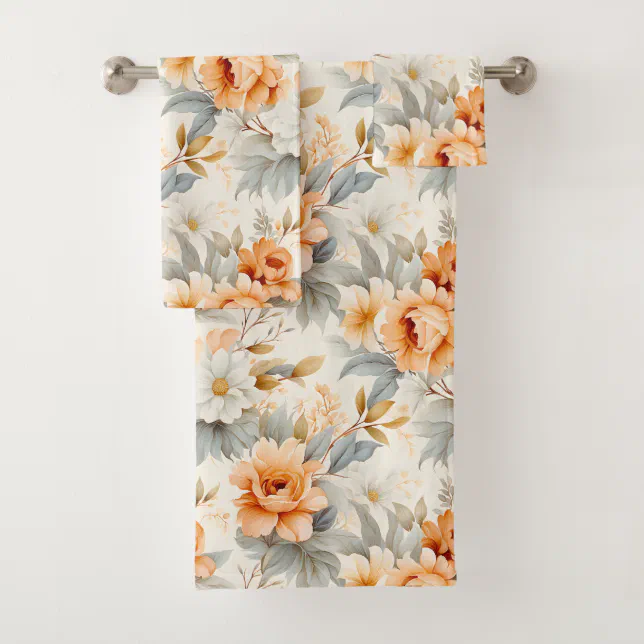 Rustic Watercolor Floral Print Gray Orange Winter Bath Towel Set | Zazzle