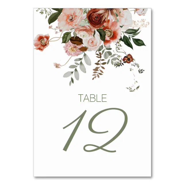 Rustic Watercolor Floral Wedding Table Number Card | Zazzle