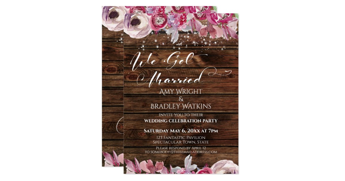 Rustic Watercolor Flowers & Lights We Got Married Invitation | Zazzle.com