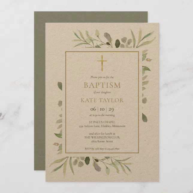 Rustic Watercolor Greenery Baptism Christening Invitation | Zazzle