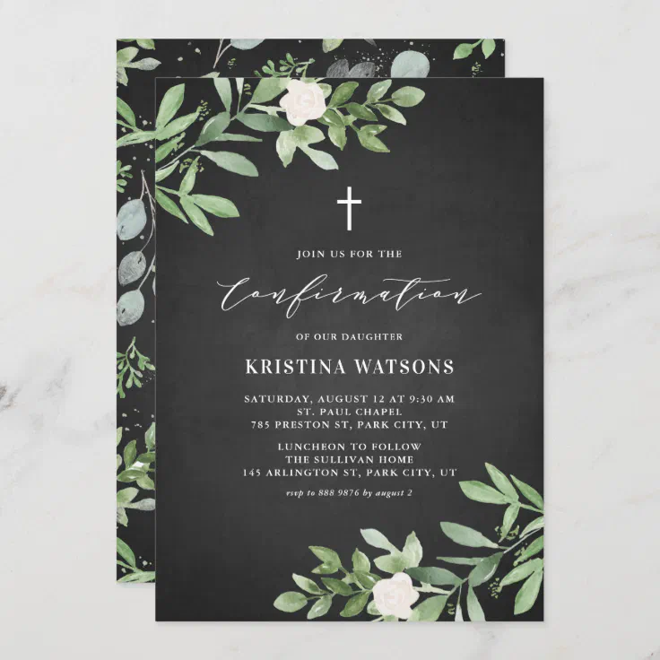 Rustic Watercolor Greenery Chalkboard Confirmation Invitation | Zazzle