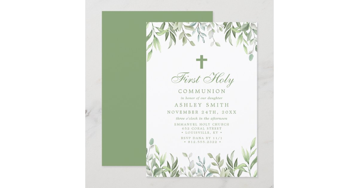 Rustic Watercolor Greenery Floral First Communion Invitation | Zazzle