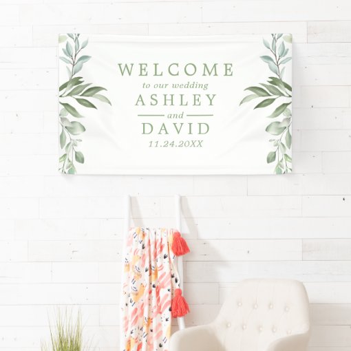 Rustic Watercolor Greenery Wedding Welcome Banner | Zazzle
