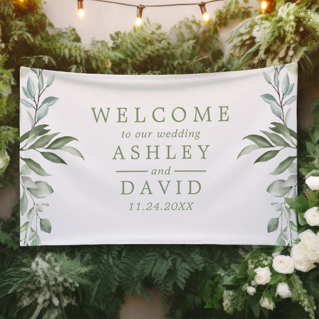 Rustic Watercolor Greenery Wedding Welcome Banner | Zazzle