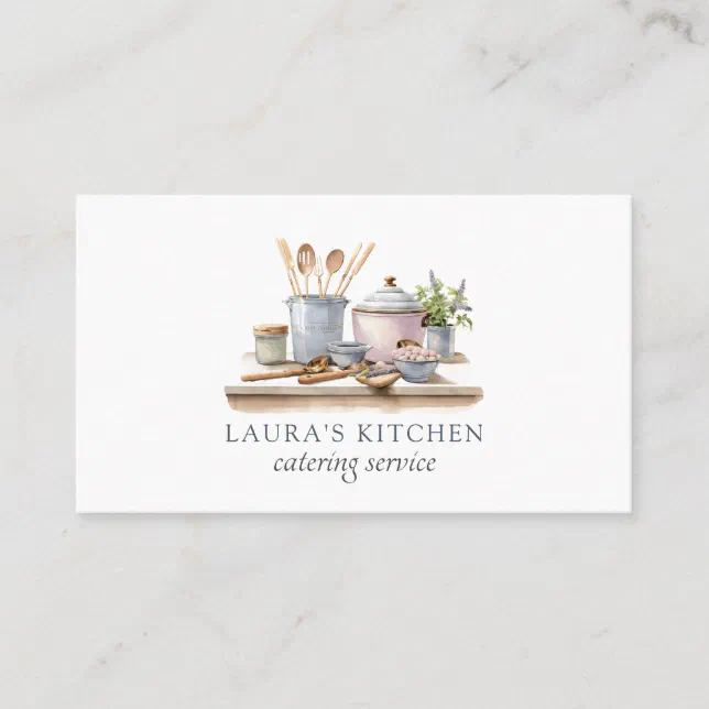 Rustic Watercolor Kitchenware Catering Business Card | Zazzle