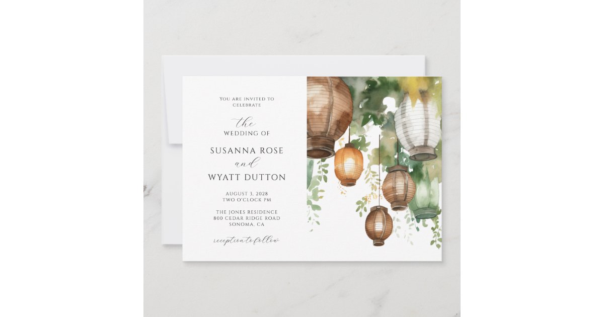 Rustic Watercolor Lanterns Wedding Invitation | Zazzle