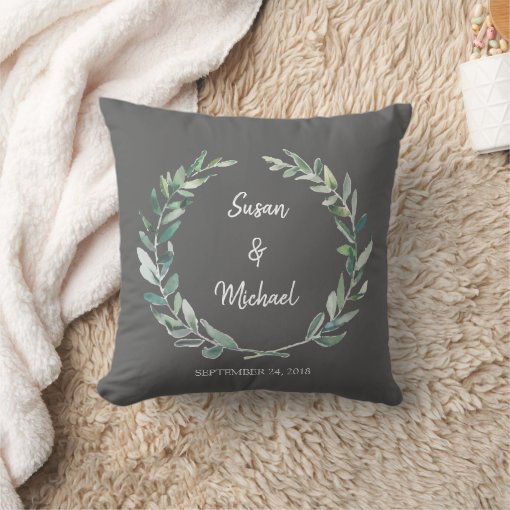 Rustic watercolor leaves bride and groom wedding throw pillow | Zazzle