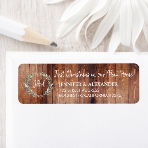 Rustic watercolor leaves First Christmas New Home Label | Zazzle