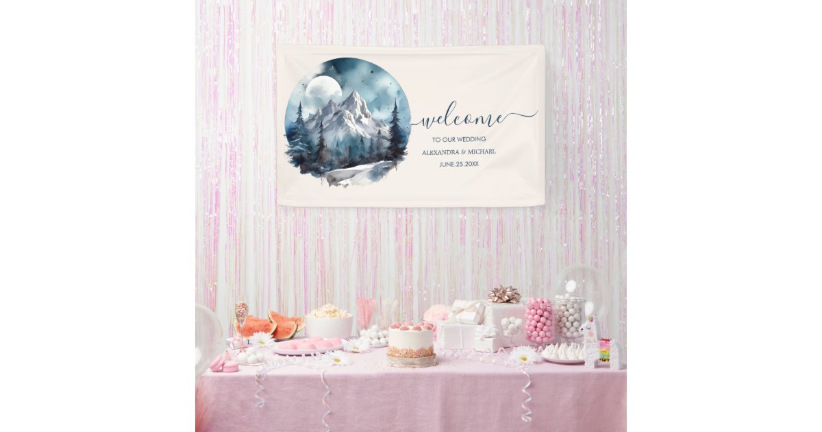 Rustic Watercolor Mountain Forest Winter Wedding Banner | Zazzle