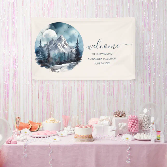 Rustic Watercolor Mountain Forest Winter Wedding Banner | Zazzle