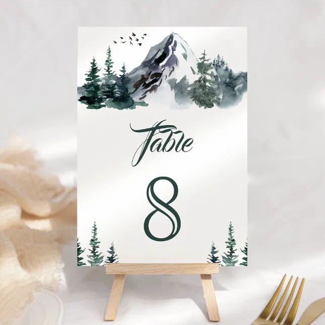 Rustic Watercolor Mountain Forest Winter Wedding Table Number | Zazzle