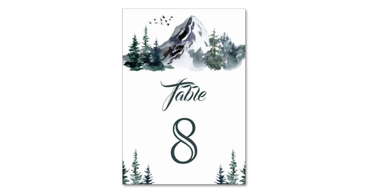 Rustic Watercolor Mountain Forest Winter Wedding Table Number | Zazzle