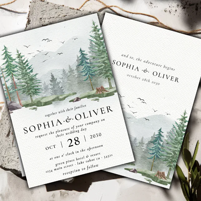 Rustic Watercolor Mountain Green Pine Tree Wedding Invitation | Zazzle