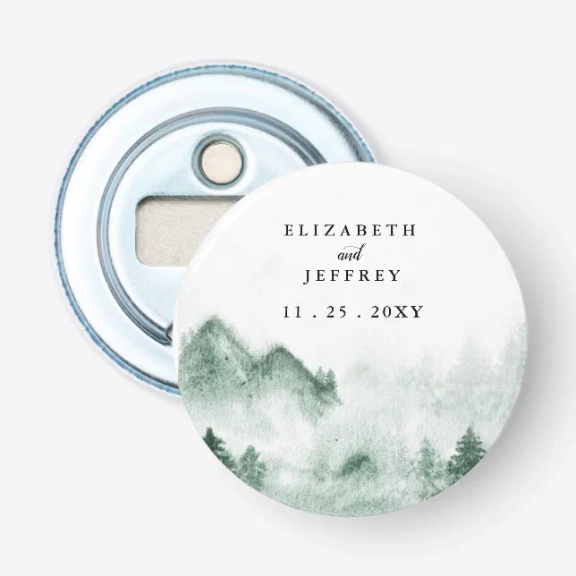 Rustic Watercolor Mountain Pine Winter Wedding Bottle Opener | Zazzle