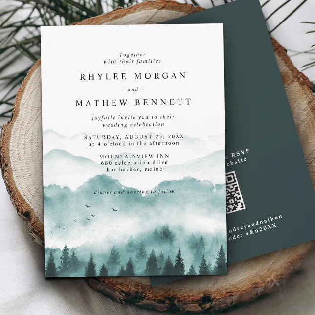 Rustic Watercolor Mountain Wedding QR Code Invitation | Zazzle