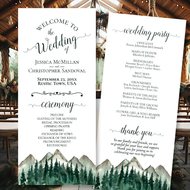 Rustic Watercolor Mountains & Pine Wedding Program | Zazzle