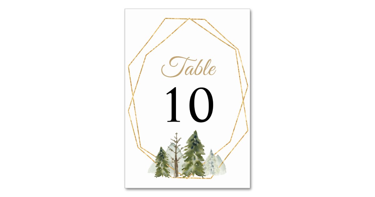 Rustic Watercolor Mountains Pine Winter Wedding Table Number | Zazzle