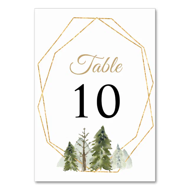 Rustic Watercolor Mountains Pine Winter Wedding Table Number | Zazzle