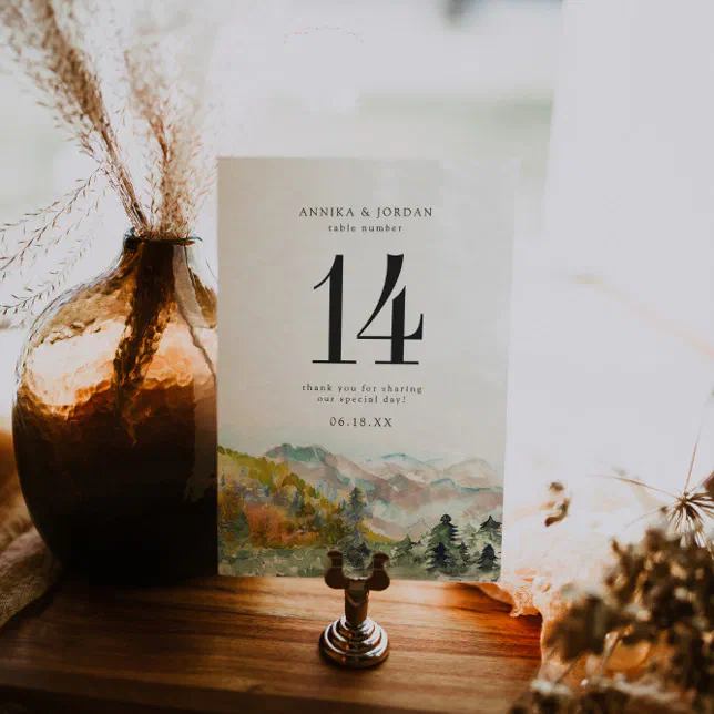 Rustic Watercolor Mountains Wedding Table Number | Zazzle