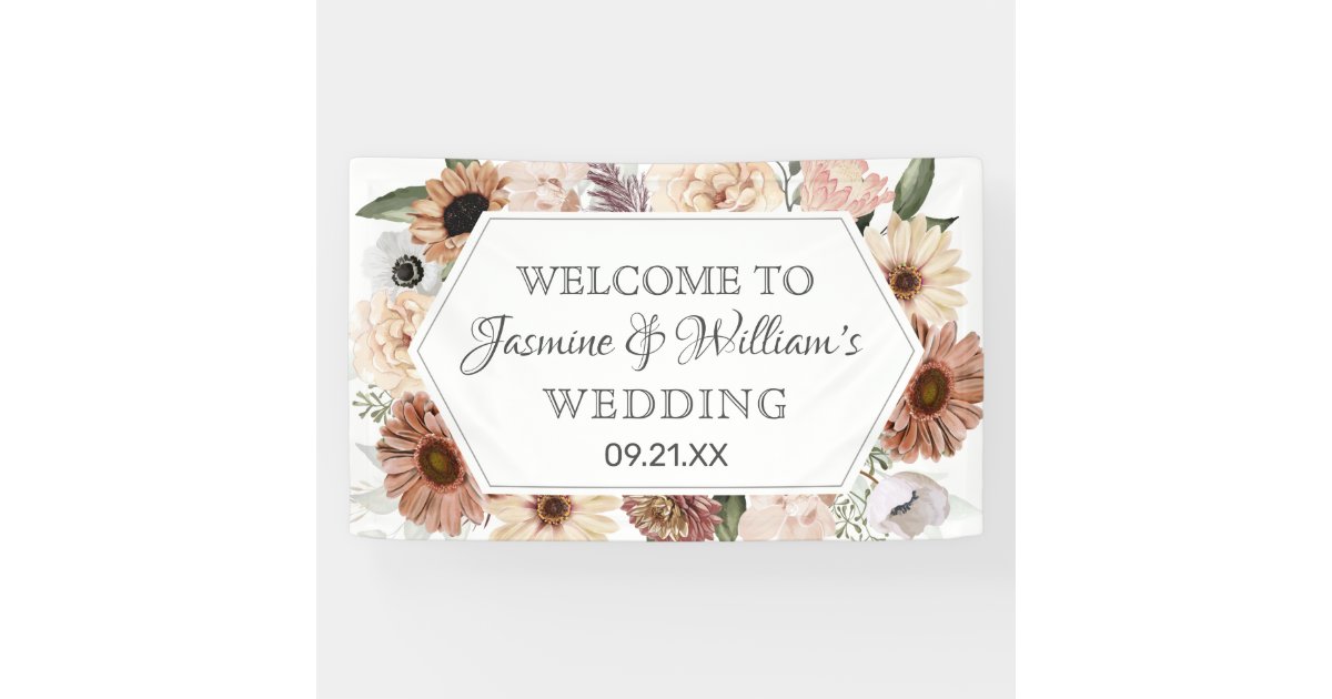 Rustic Watercolor Neutral Boho Floral Wedding Banner | Zazzle